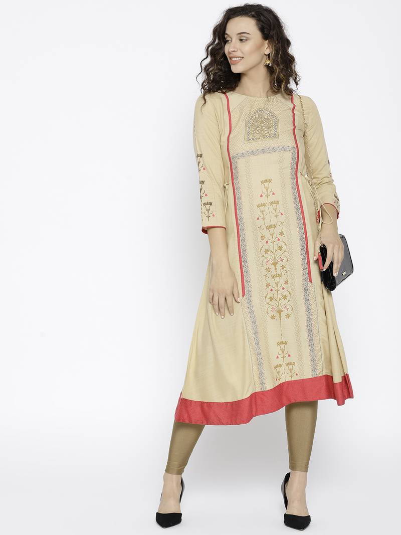 Beige Printed Cotton Stitched Kurtas And Kurtis - SPAN - 2717161