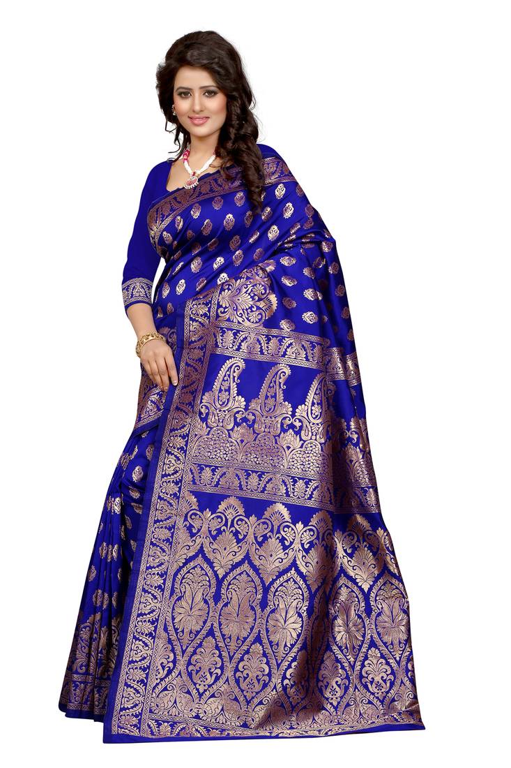 Dark royal blue woven banarasi saree with blouse - Dealsure - 2718526
