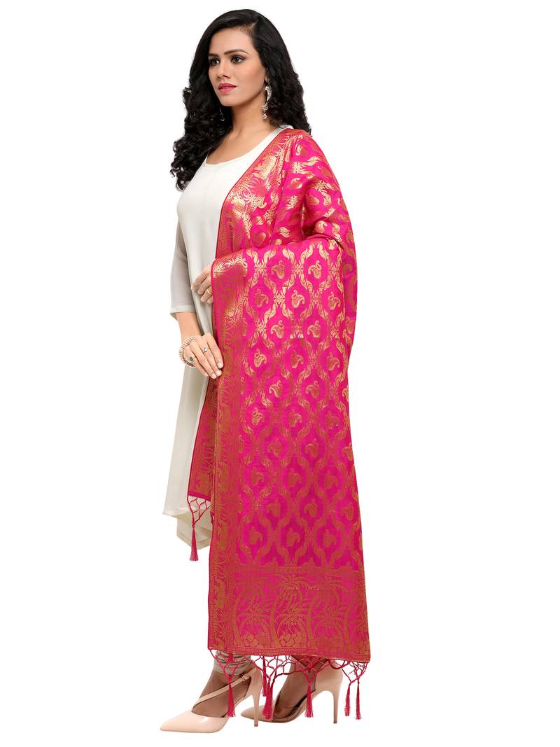 Pink Color Poly Silk Banarasi Women's Dupatta - Satrani Fashion - 2718587