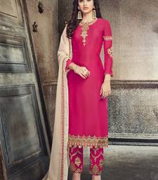Magenta embroidered silk salwar with dupatta - Monjolika - 2718911