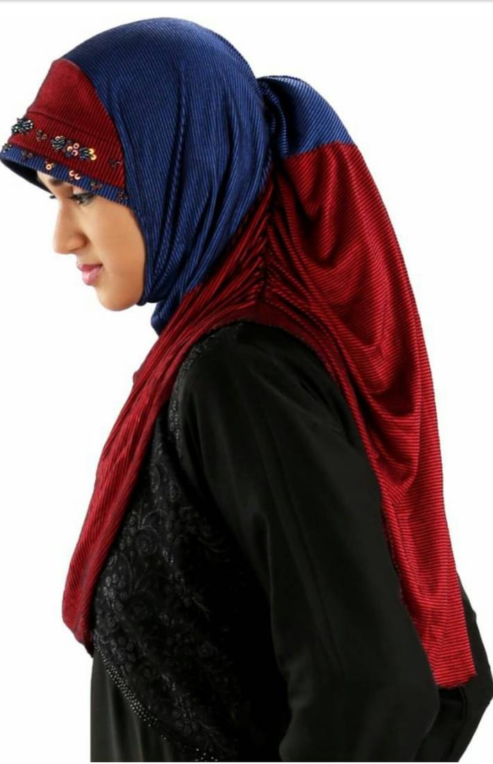 Blue Red Polyester Stretchable Striped Hijab - Parvin - 2721114