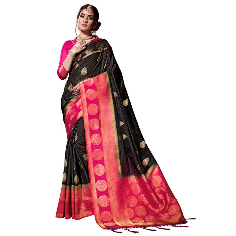 Black woven nylon saree with blouse - Takshaya - 2724868