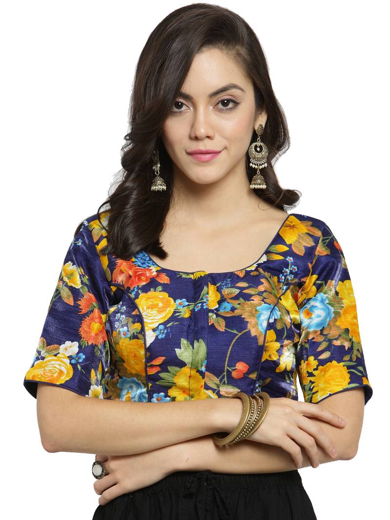Women's Banglori Silk Blue & Yellow Princess Cut Readymade Blouse - Om ...