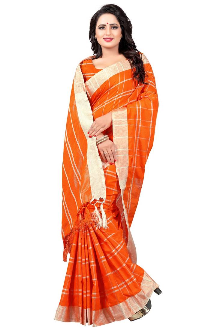 Orange printed linen saree with blouse - YOYO Fashion - 2725209