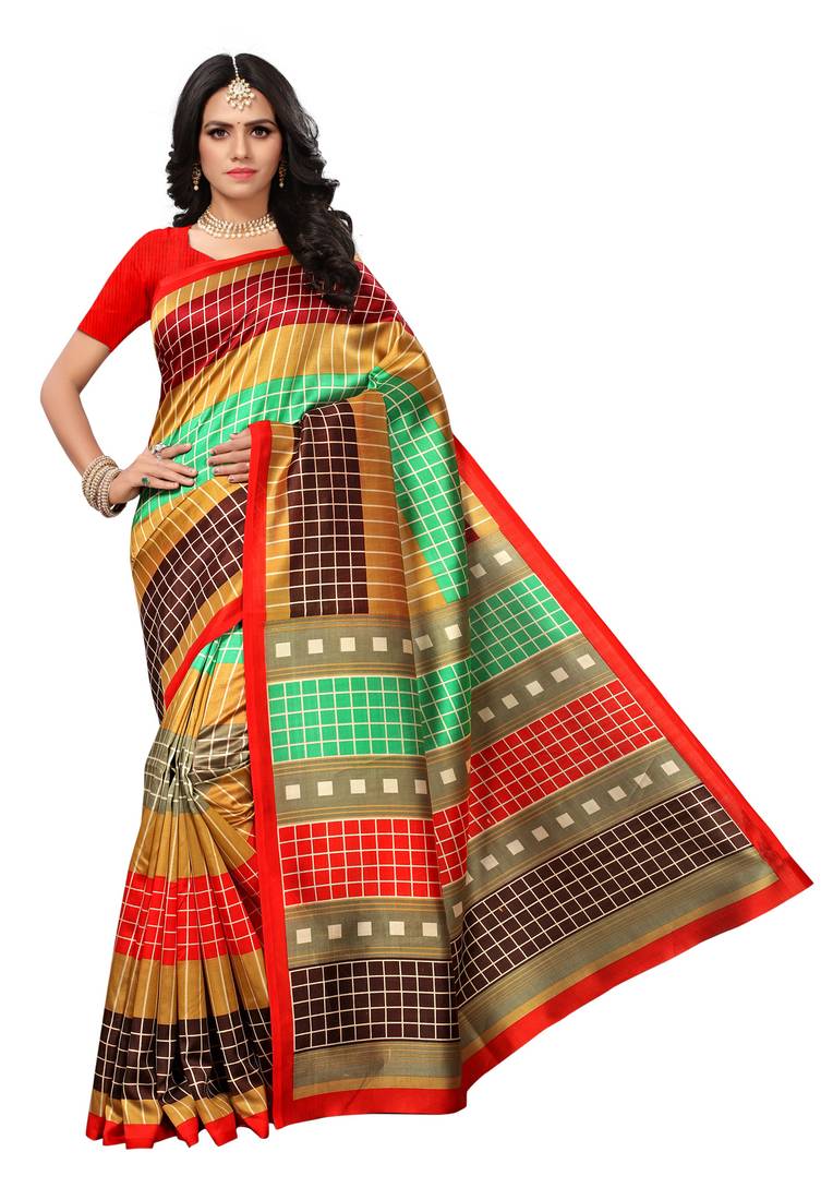Multicolor Printed Mysore Silk Saree With Blouse - Om Clothing - 2725671