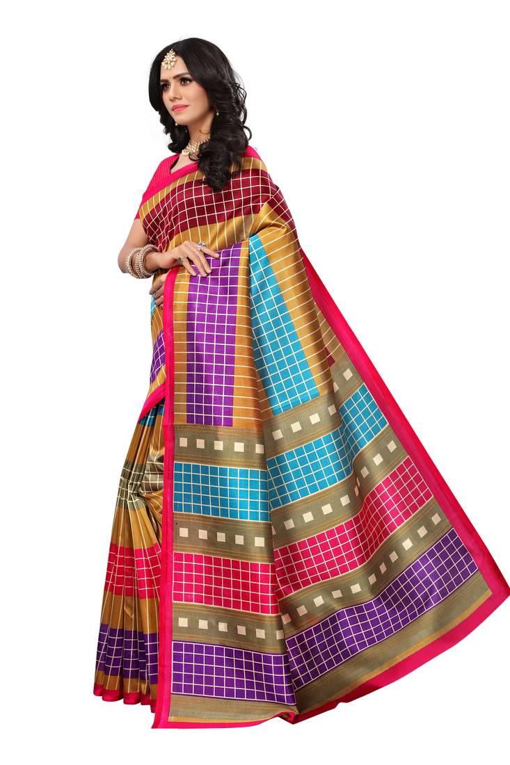 Multicolor Printed Mysore Silk Saree With Blouse - Om Clothing - 2725673