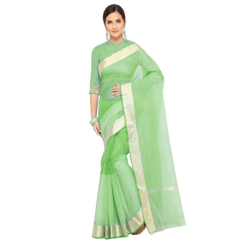 Light green plain cotton saree with blouse - Rajnandini - 2726755