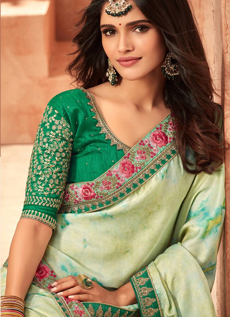 Light green embroidered silk saree with blouse - Monjolika - 2727673
