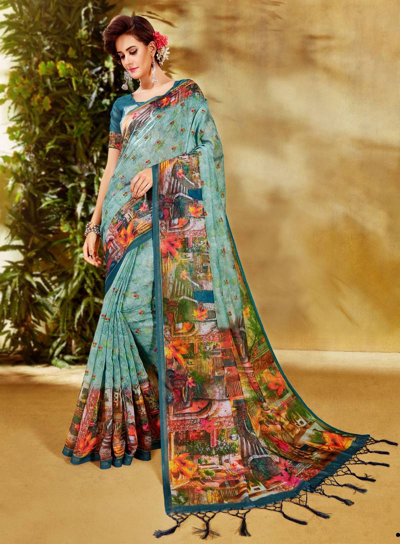 Turquoise printed linen saree with blouse - Womantra - 2709947