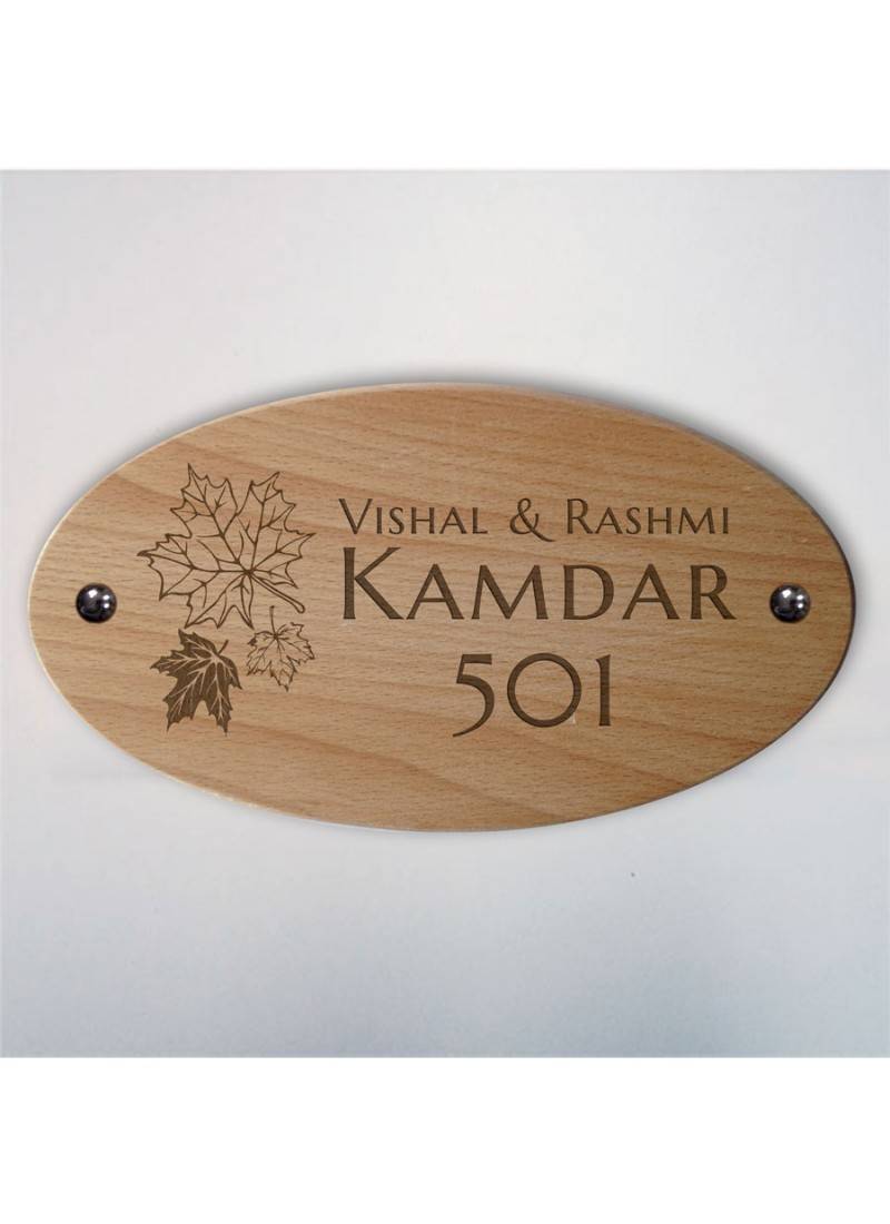 Personalised Maple Leaves Oval Wooden Name Plate by Engrave - Engrave ...
