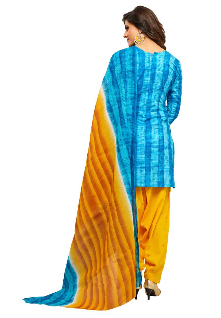 Blue And Yellow Printed Cotton Salwar With Dupatta - muhenera s - 2740100