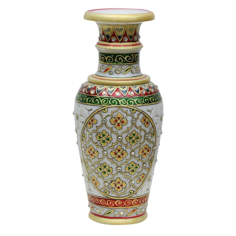 Marble Vase With Embossed Gold And Kundan Work - Aapno Rajasthan - 2740223