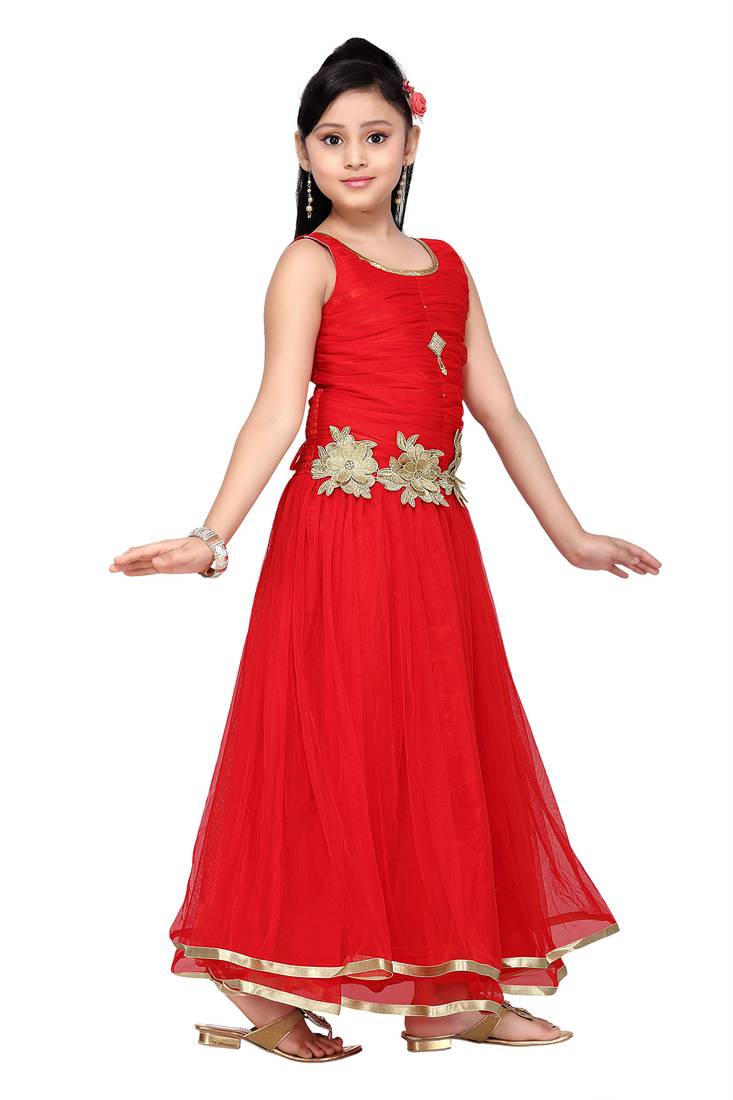 Red Plain Net Kids Girl Gowns - Aarika - 2740364
