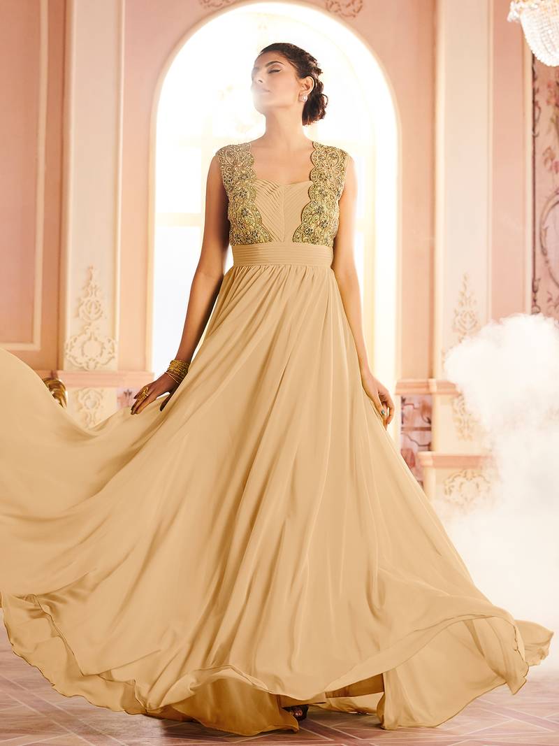 Khwaab Golden Jacket Style Sleeveless Evening Gown - Khwaab - 2740981