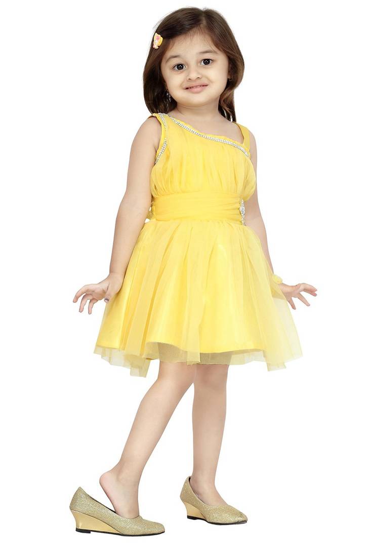 Yellow Plain Net Kids Frocks - Aarika - 2742643