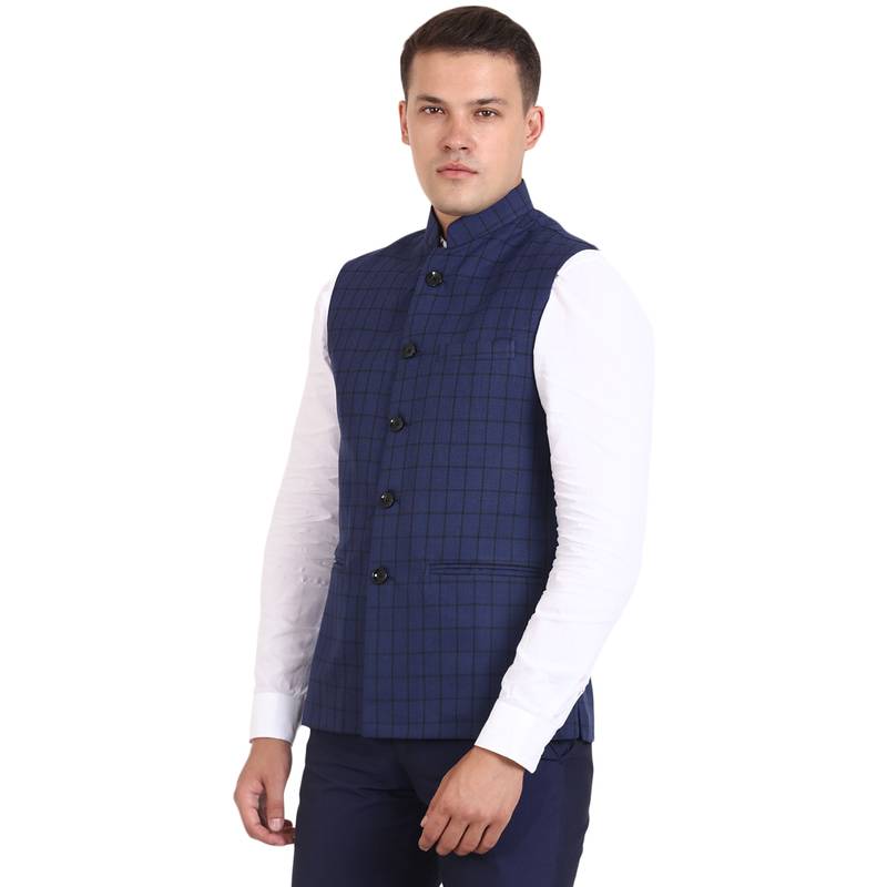 Blue Checkered Cottonpoly Nehru Jacket - Veera Paridhaan - 2746618