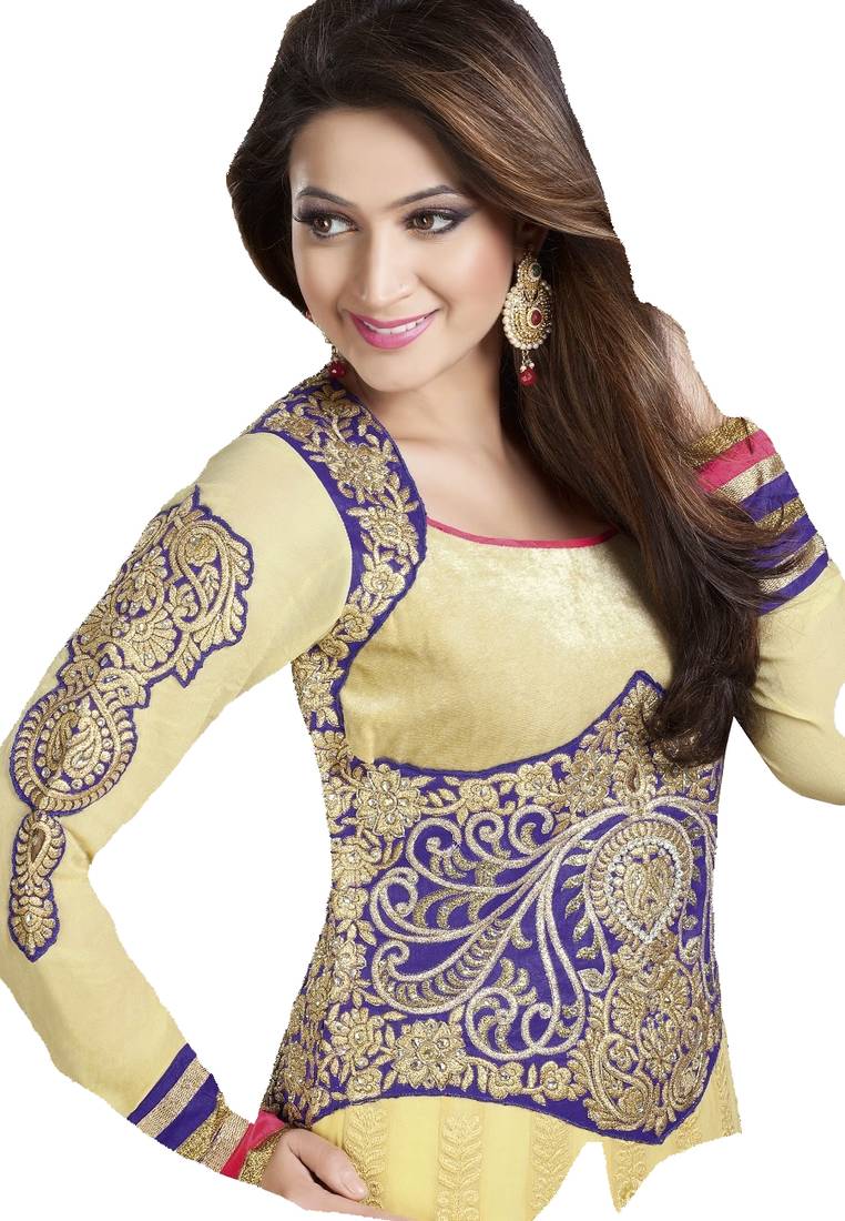 Light-Yellow - Blue embroidered Georgette semi-stitched salwar with ...