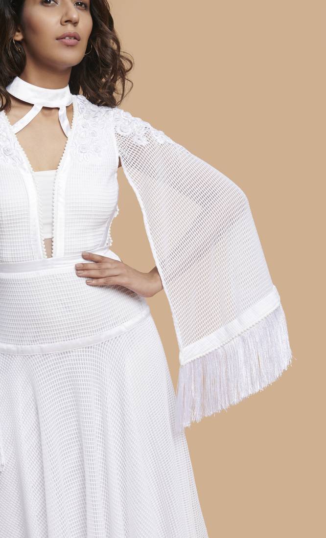 Khwaab White Round Raised Neckline Dress - Khwaab - 2751243