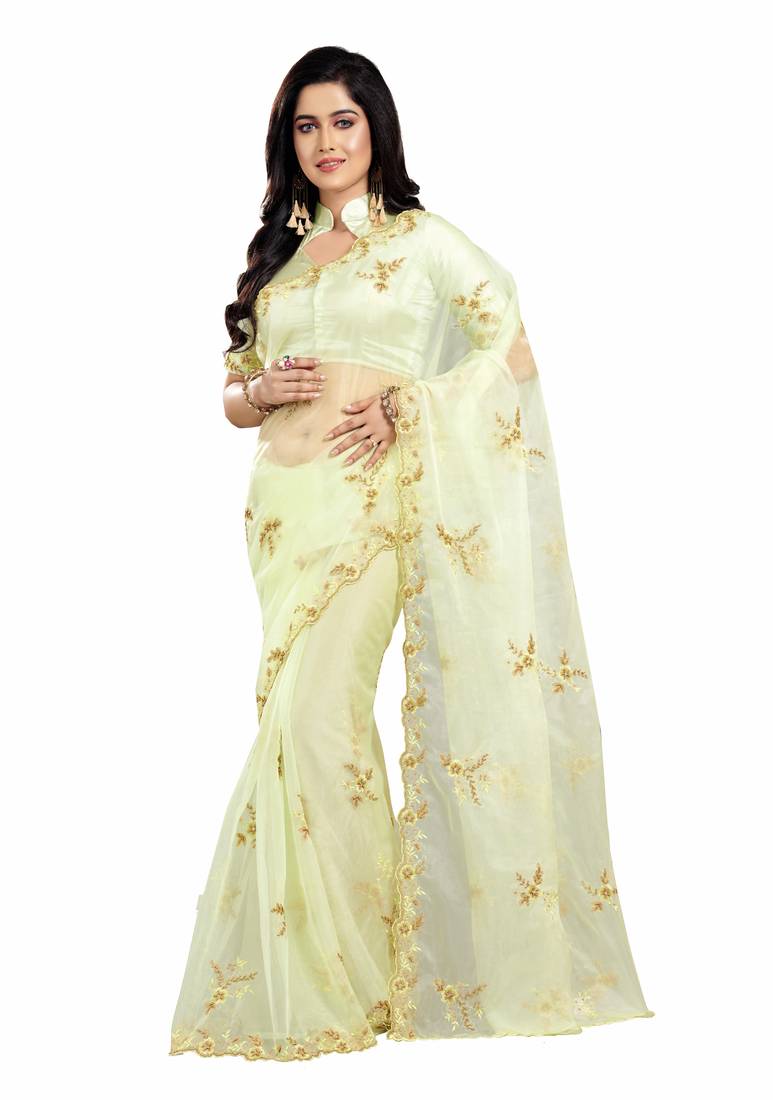 Yellow embroidered organza saree with blouse - Patang International ...