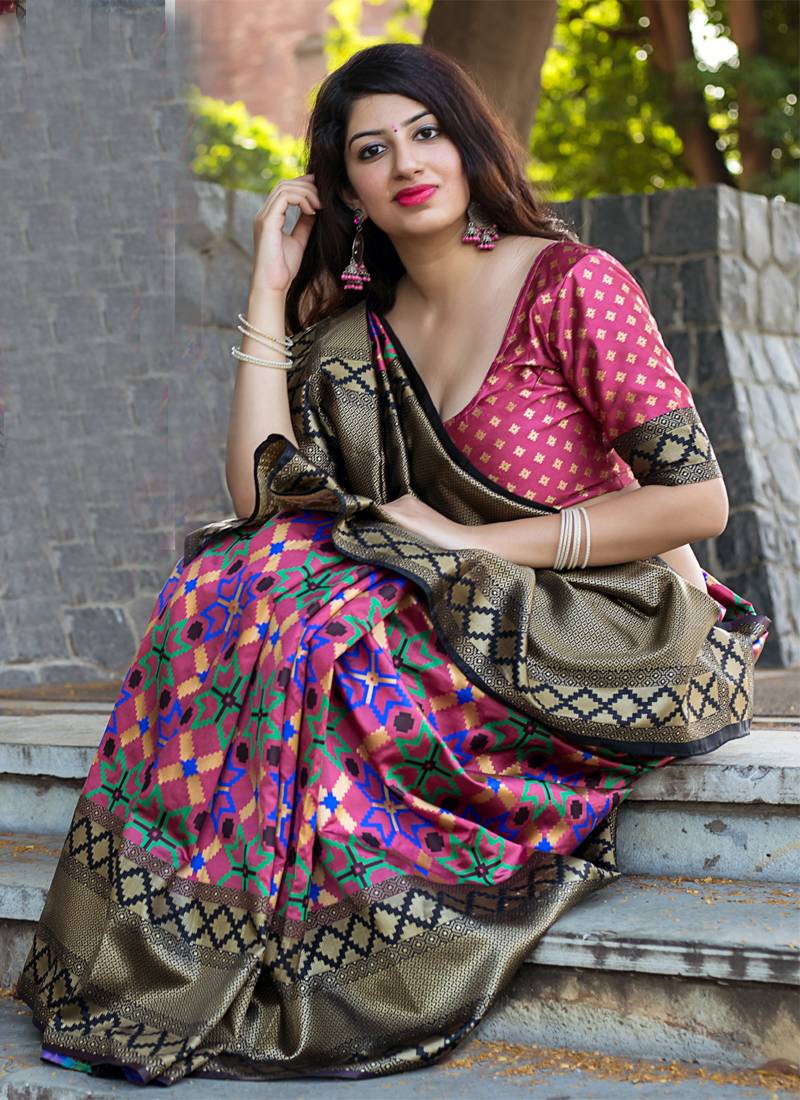 Monjolika Fashion Dark pink woven silk blend saree with blouse ...