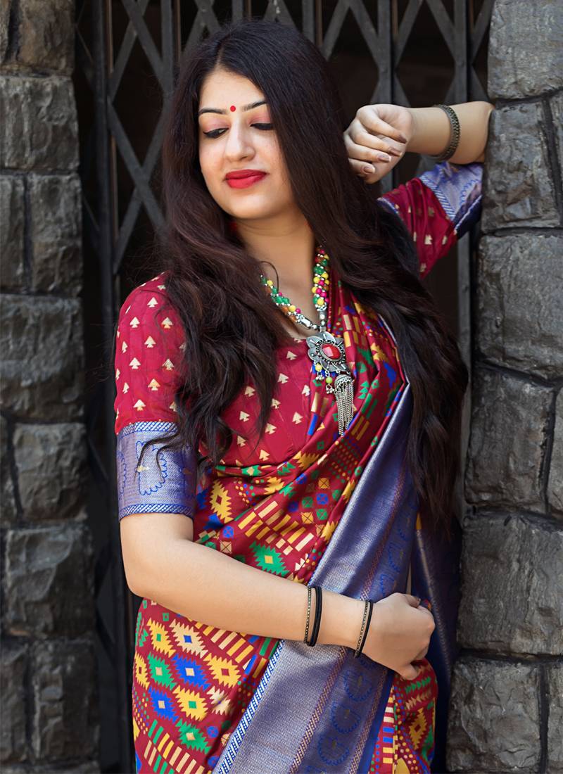 Monjolika Fashion Maroon woven silk blend saree with blouse - Monjolika ...