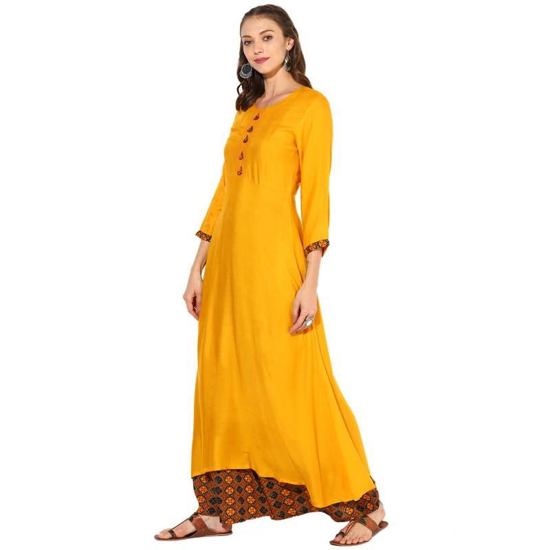 Yellow Rayon solid Long Anarkali Kurti - ZOEYAMS - 2754035