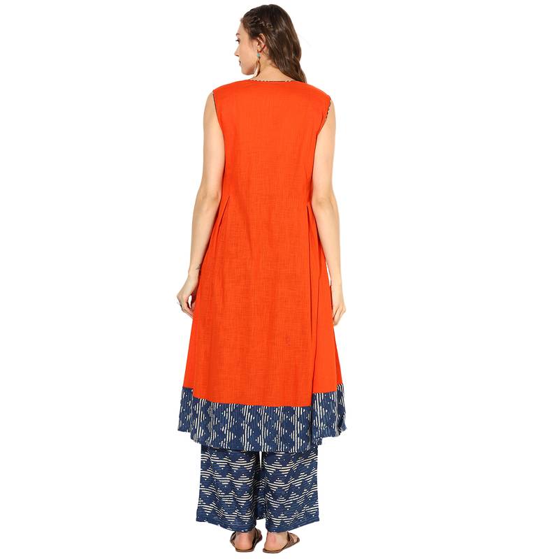 Orange Cotton Machine Embroidery Long Anarkali Kurti - ZOEYAMS - 2754053