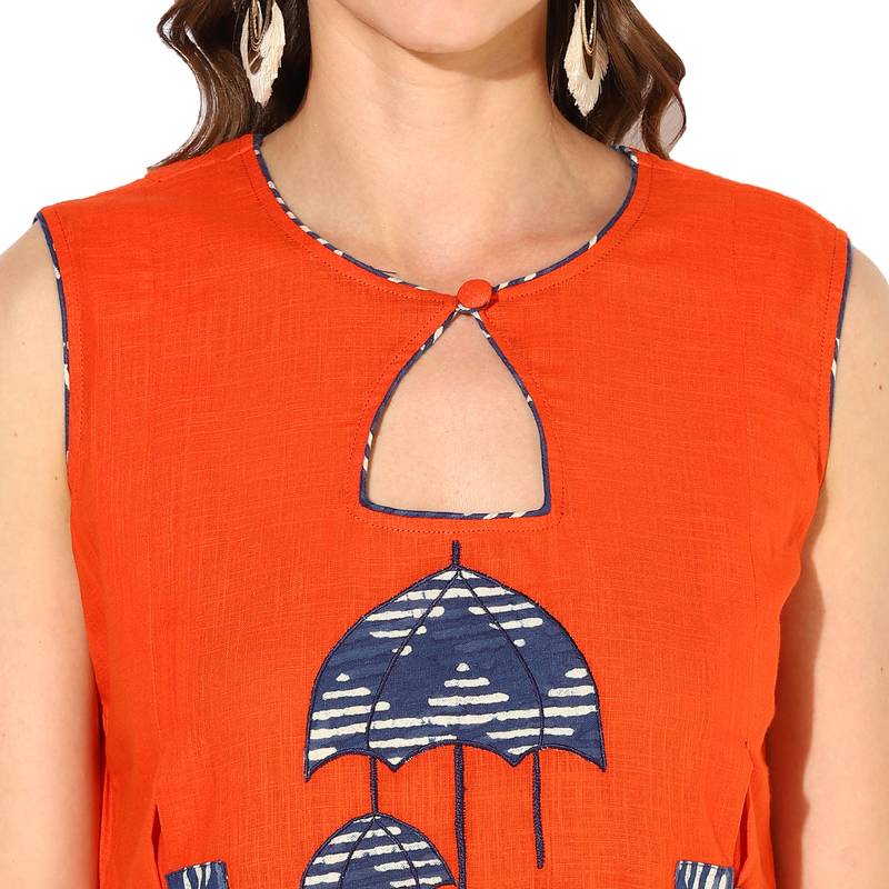 Orange Cotton Machine Embroidery Long Anarkali Kurti - ZOEYAMS - 2754053