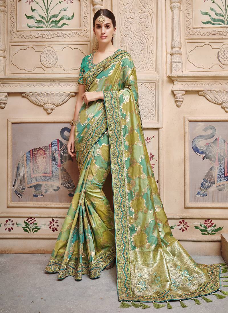 Monjolika Fashion Sea green woven silk blend saree with blouse ...
