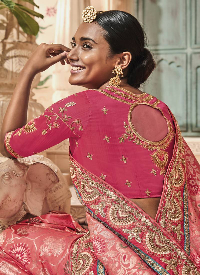 Monjolika Fashion Pink woven silk blend saree with blouse - Monjolika ...