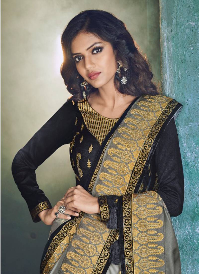 Monjolika Fashion Grey plain silk blend saree with blouse - Monjolika ...