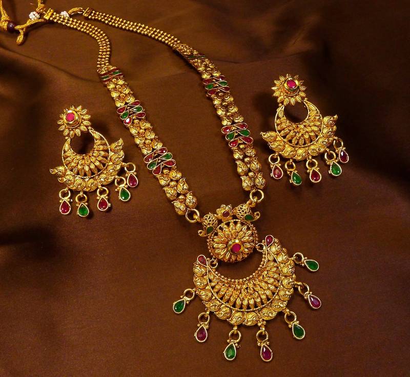 Designer Copper Ruby Green Stones Premium Gold Plated Long Necklace Set ...