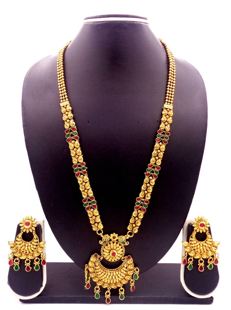 Designer Copper Ruby Green Stones Premium Gold Plated Long Necklace Set ...