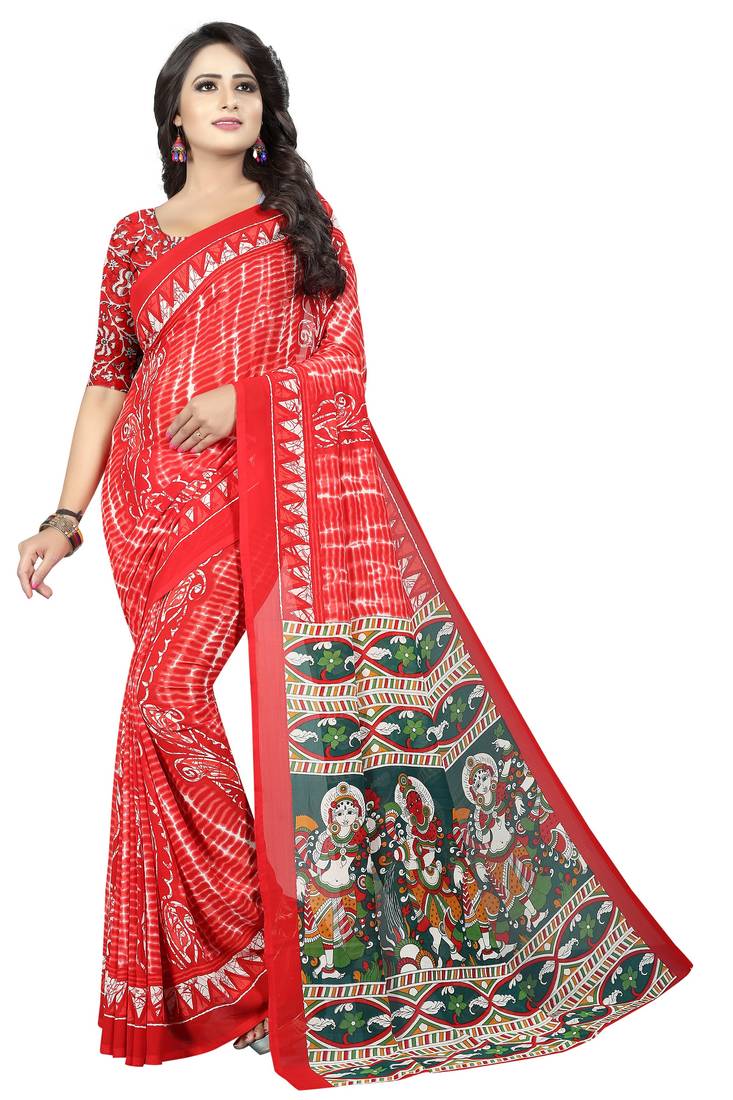 Red printed crepe saree with blouse - KRISHNAM FASHION - 2762854