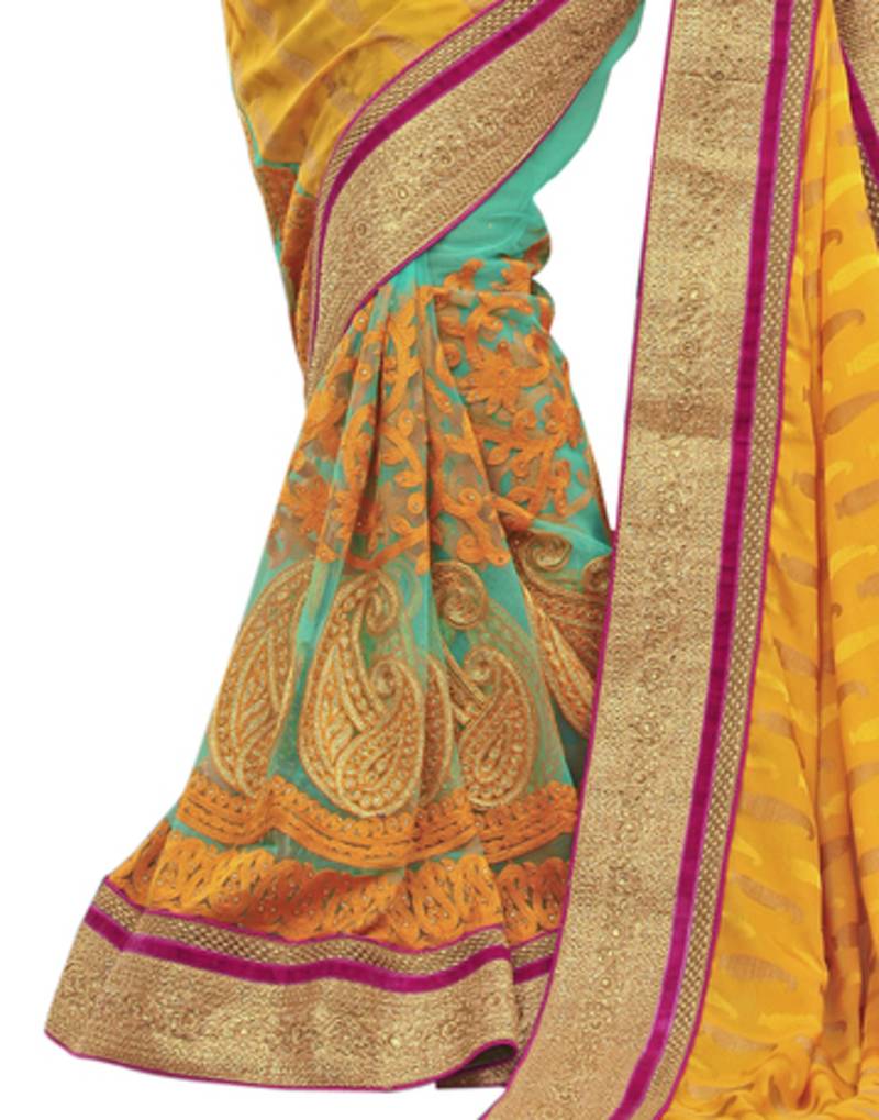 Yellow - Blue embroidered silk saree with blouse - Surat Tex - 372495