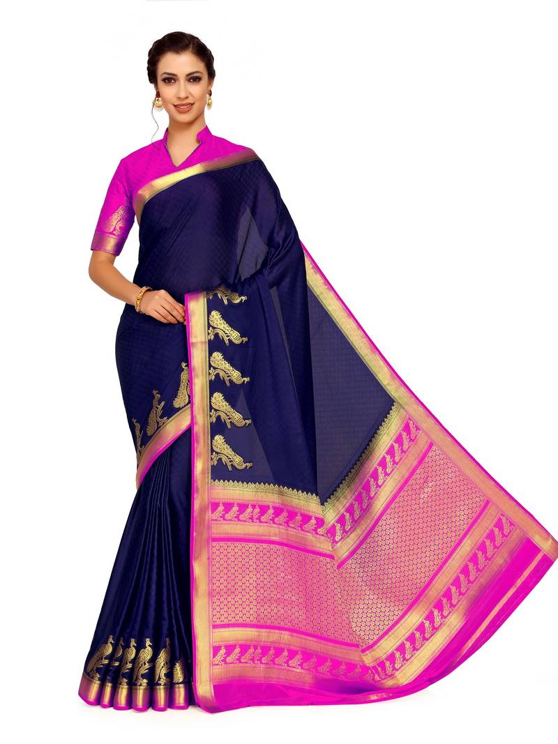 Blue Woven Crepe Saree With Blouse - MIMOSA - 2760465