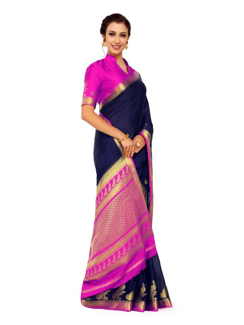 Blue Woven Crepe Saree With Blouse - MIMOSA - 2760465