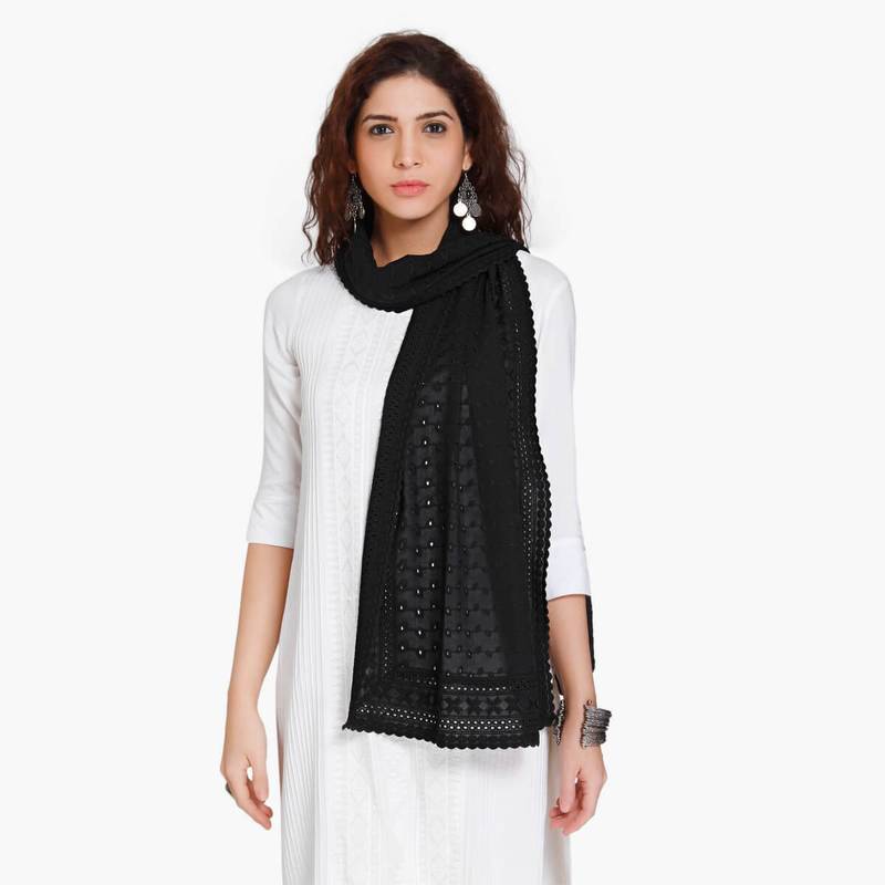 Black schiffli embroidered stole for women - Naari - 2763311