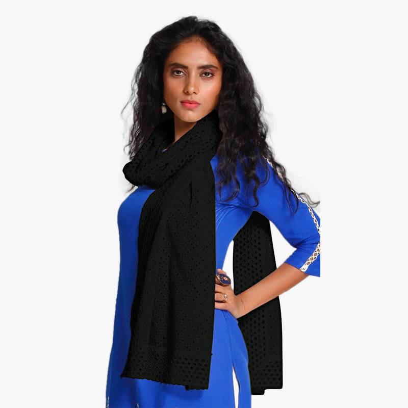 Black schiffli embroidered stole for women - Naari - 2763314