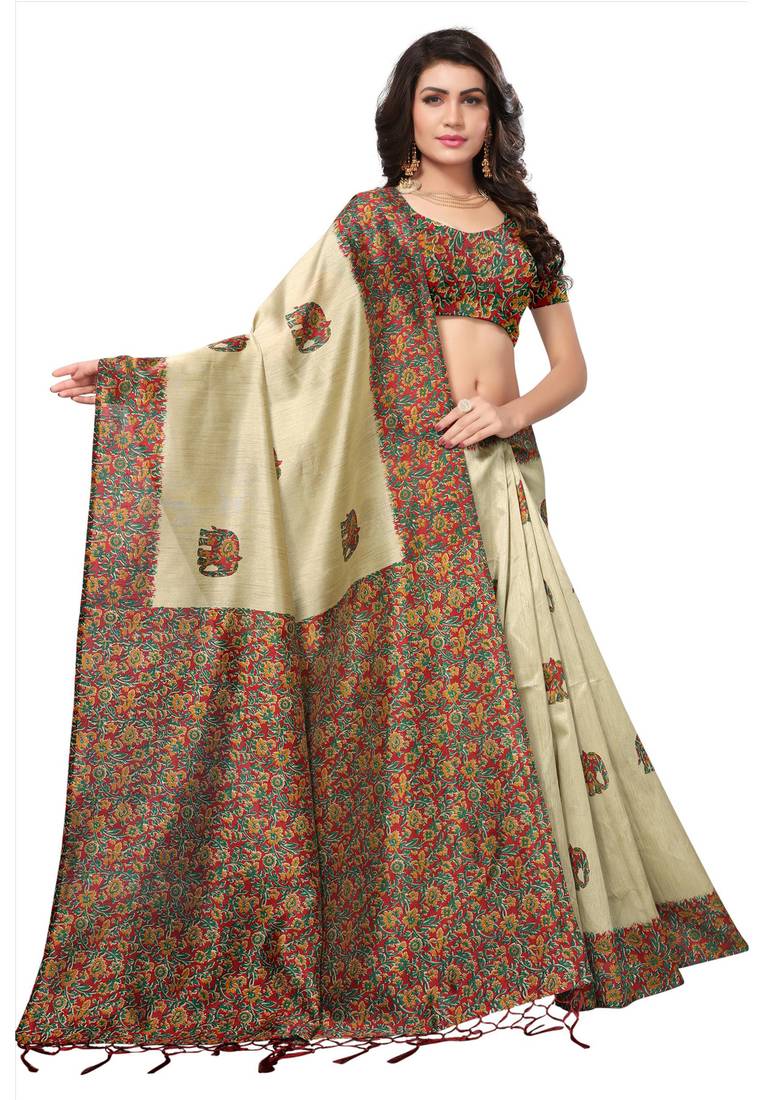 Cream And Red Kashmiri Silk With Jhalor Printed Saree With Blouse - Om ...