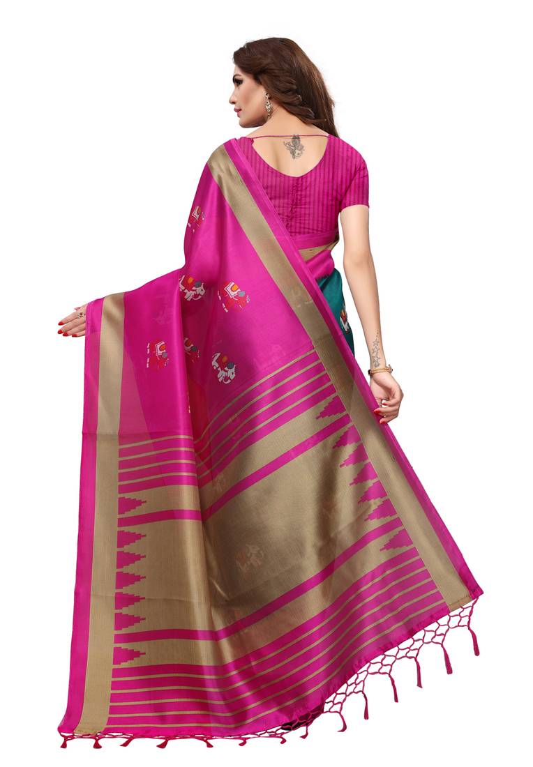 Peacock Green And Pink Mysore Silk With Jhalor Printed Saree With ...