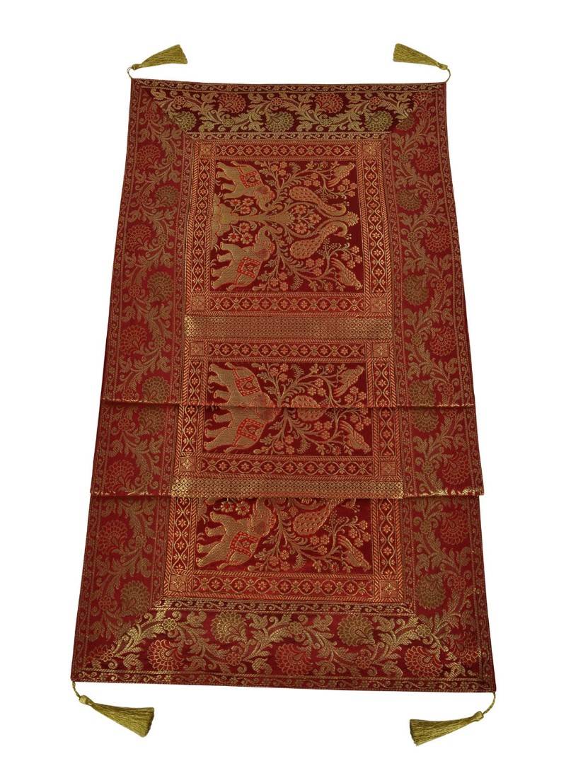 Lal Haveli Maroon Color Peacock & Elephant Design Silk Table Runner 72 ...