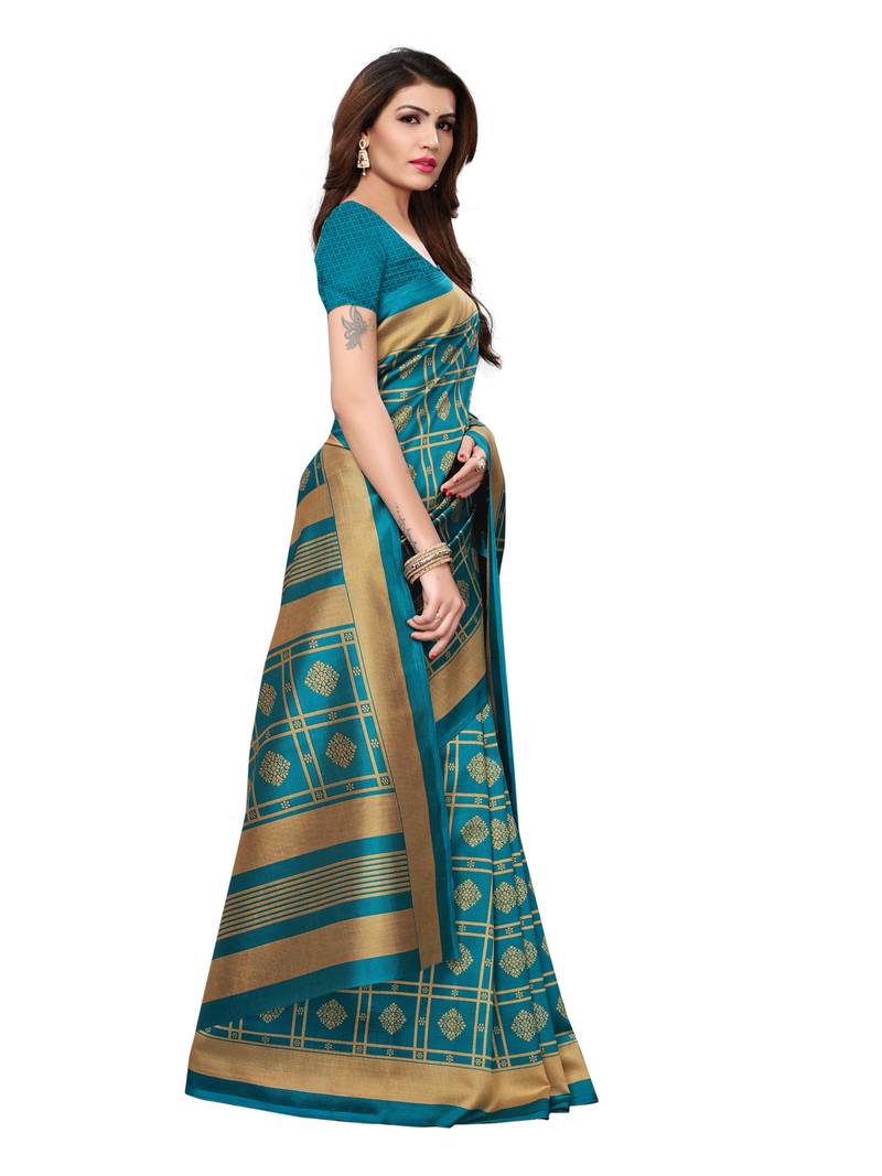 turquoise Color printed art silk sarees With Blouse - Satrani Fashion ...