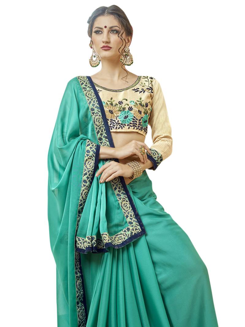 Turquoise Color Plain Georgette Sarees With Blouse - Satrani Fashion ...