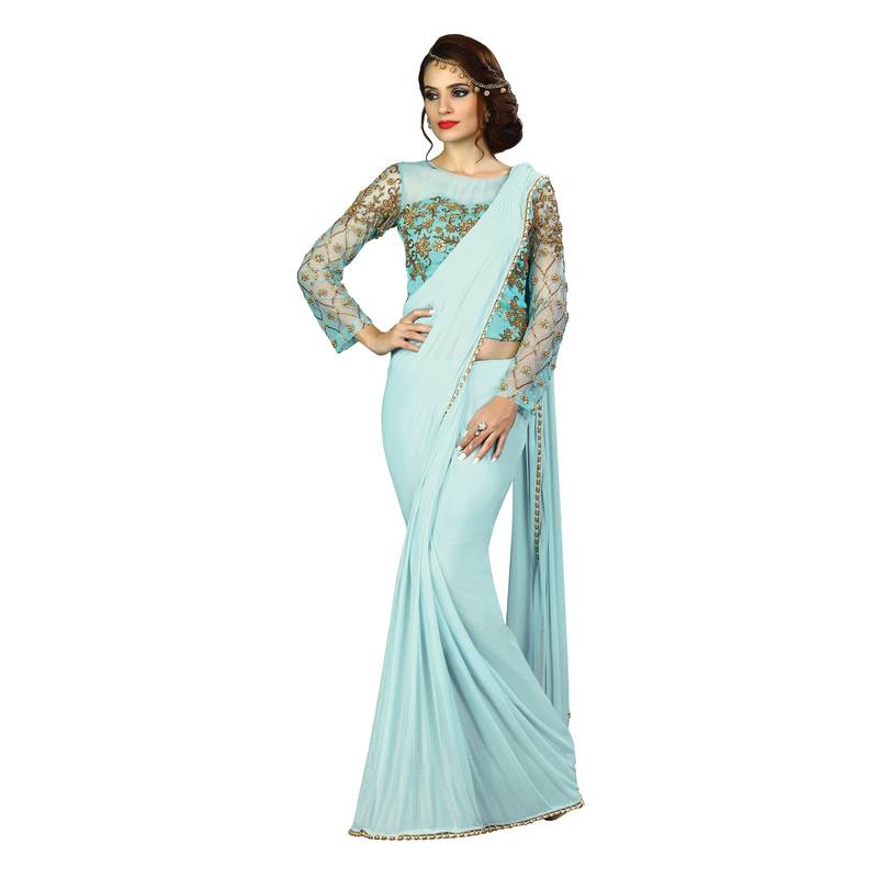 Light Blue Plain Net Saree With Blouse - Mahotsav E Solution - 2775793