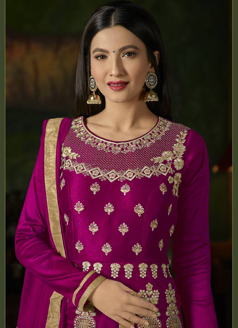 Magenta embroidered silk semi stitched salwar with dupatta - Vasu ...