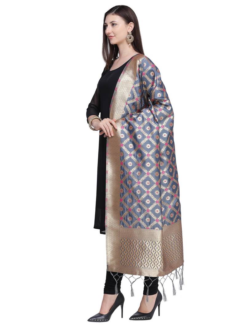 Grey Color Poly Silk Banarasi Print Women's Dupatta - Satrani Fashion ...
