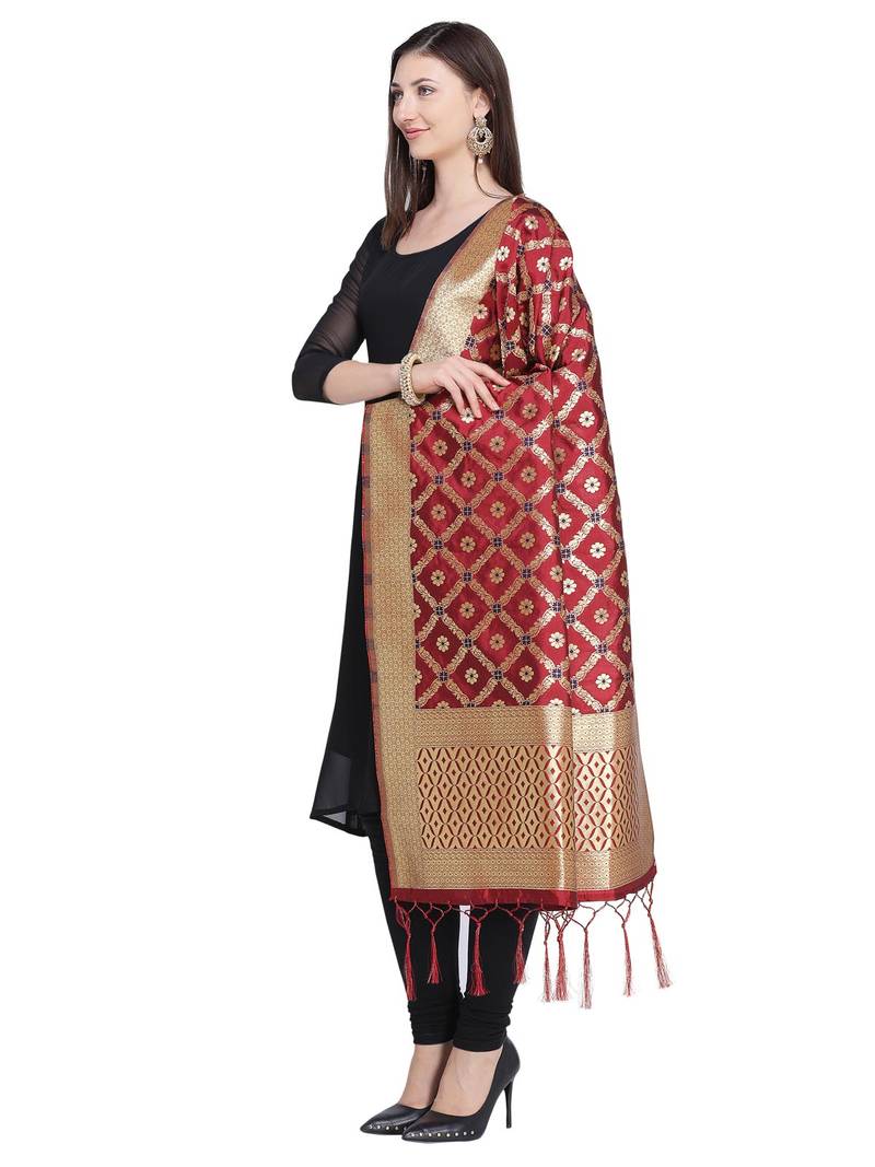 Maroon Color Poly Silk Banarasi Print Womens Dupatta Satrani Fashion