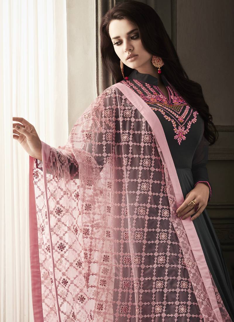 Black embroidered georgette semi stitched salwar with dupatta - Vasu ...