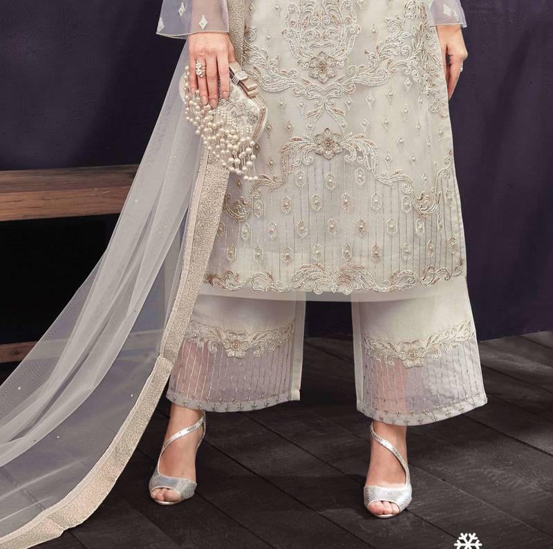 grey embroidered net ethnic suits with matching dupatta - Brijraj - 2778446